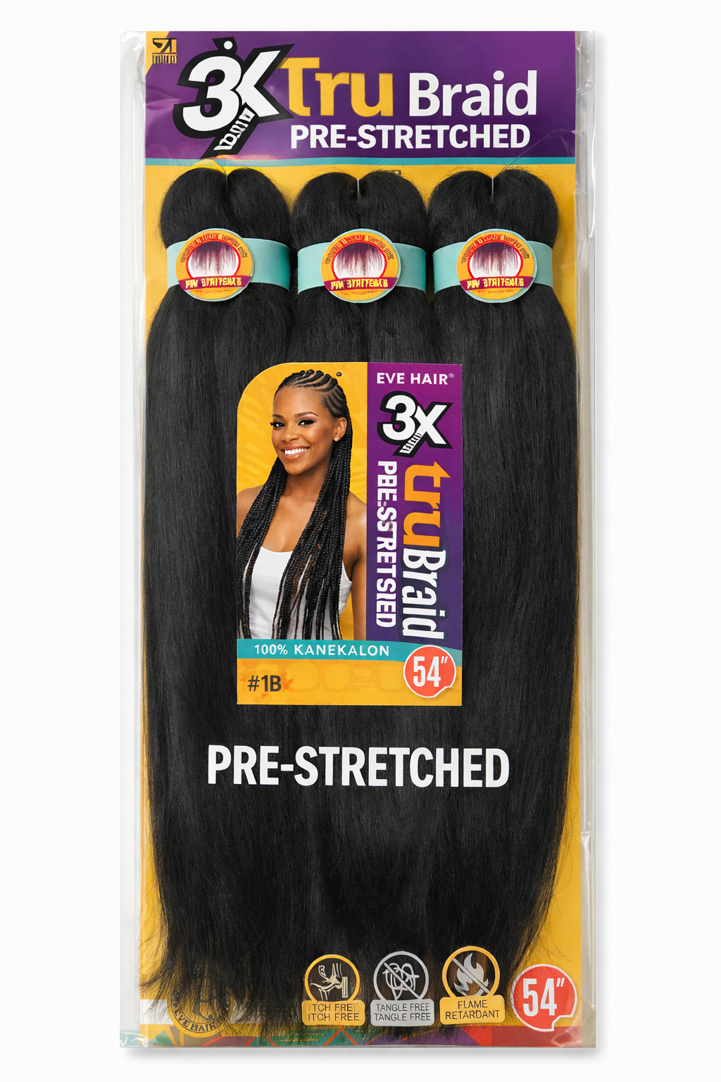 Eve Hair - 3X Tru Braid Pre-stretched 54 in, #1B | Polytronic